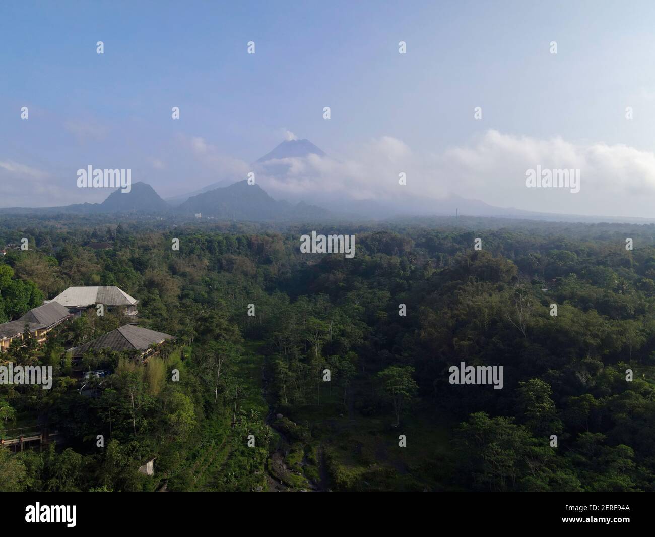 Aerial view of Mount Merapi Landscape with rice field and village in ...