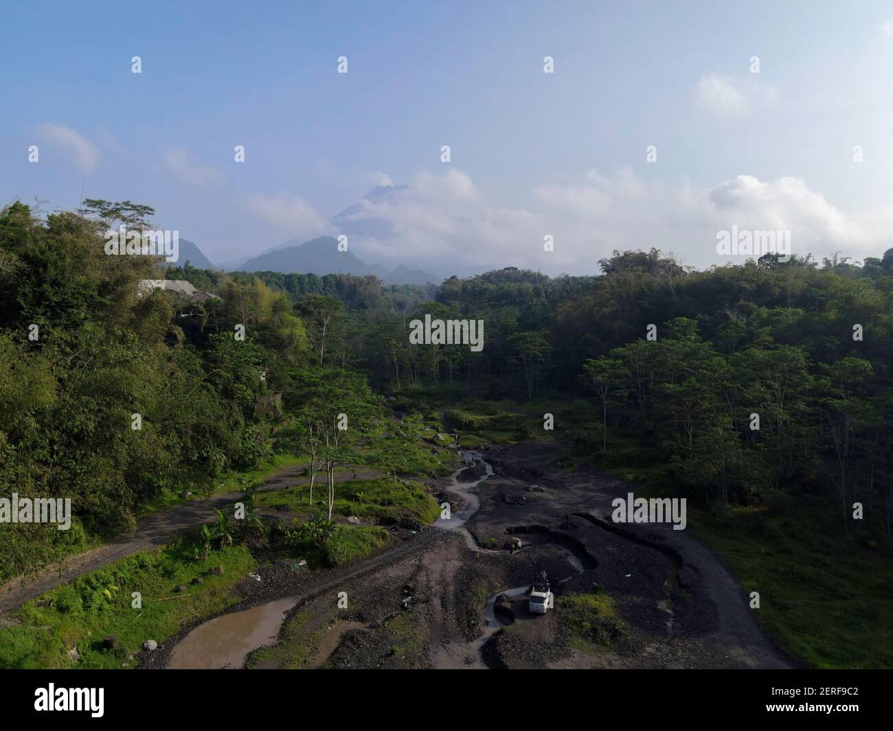 Aerial view of Mount Merapi Landscape with rice field and village in ...