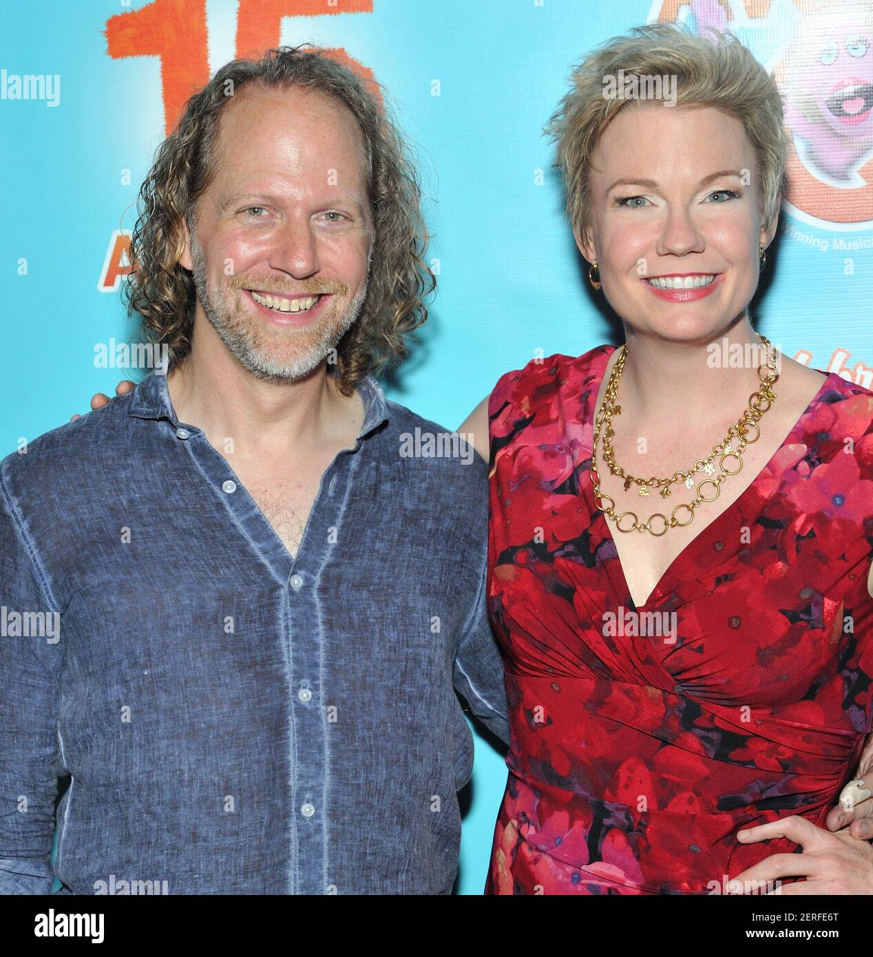 L-R: Actors Peter Linz and Jennifer Barnhart attend the Avenue Q 15th ...