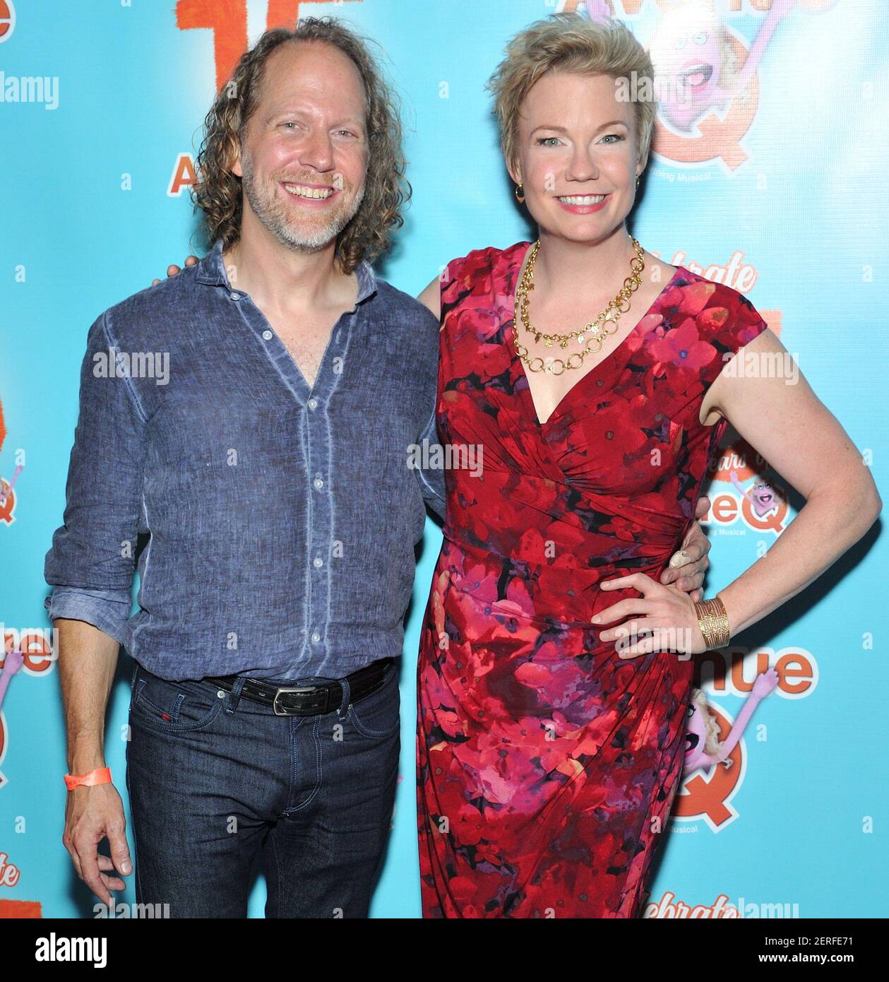 L-R: Actors Peter Linz and Jennifer Barnhart attend the Avenue Q 15th ...