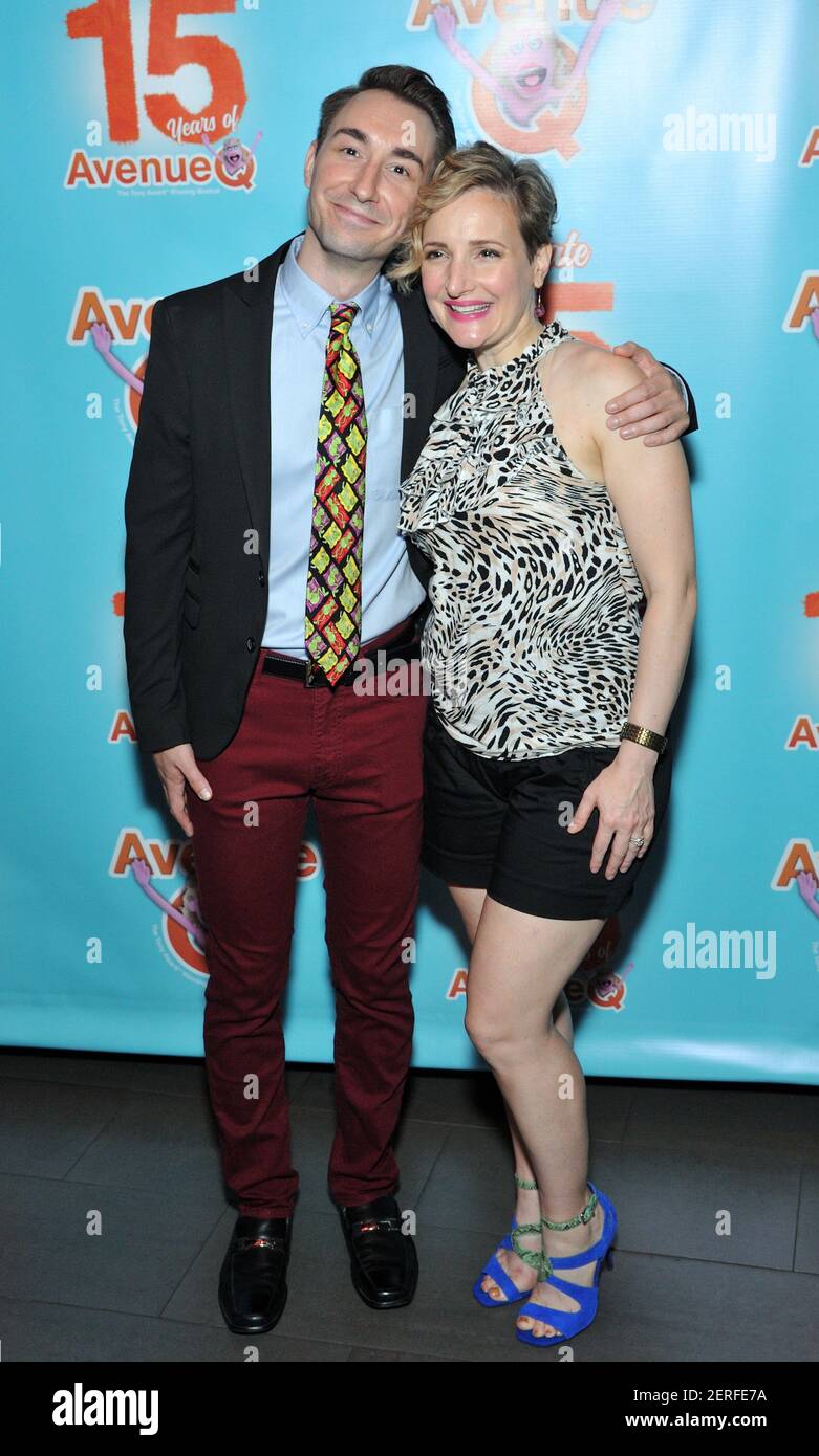 L-R: Actors Jason Jacoby and Maggie Lakis attend the Avenue Q 15th ...