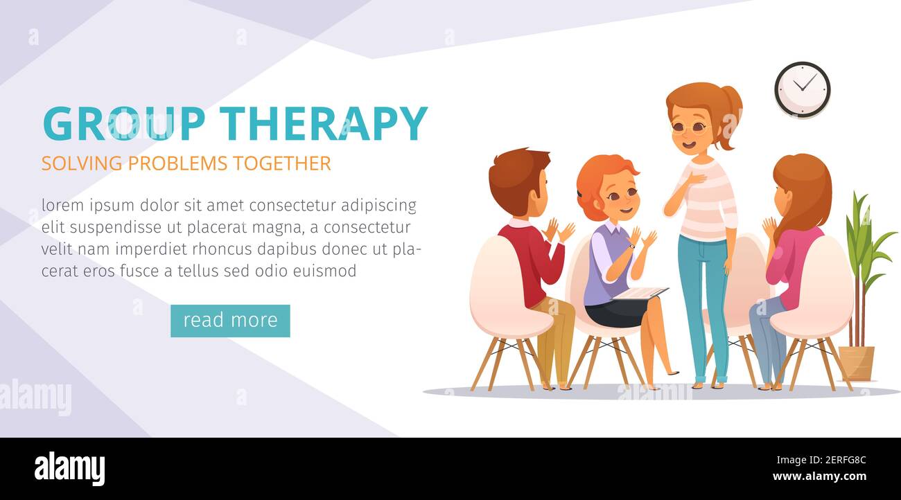 Group therapy cartoon banner with solving problems together ...