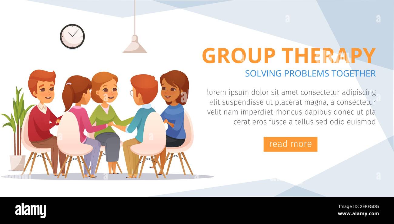 Group therapy cartoon banner with solving problems together headline ...