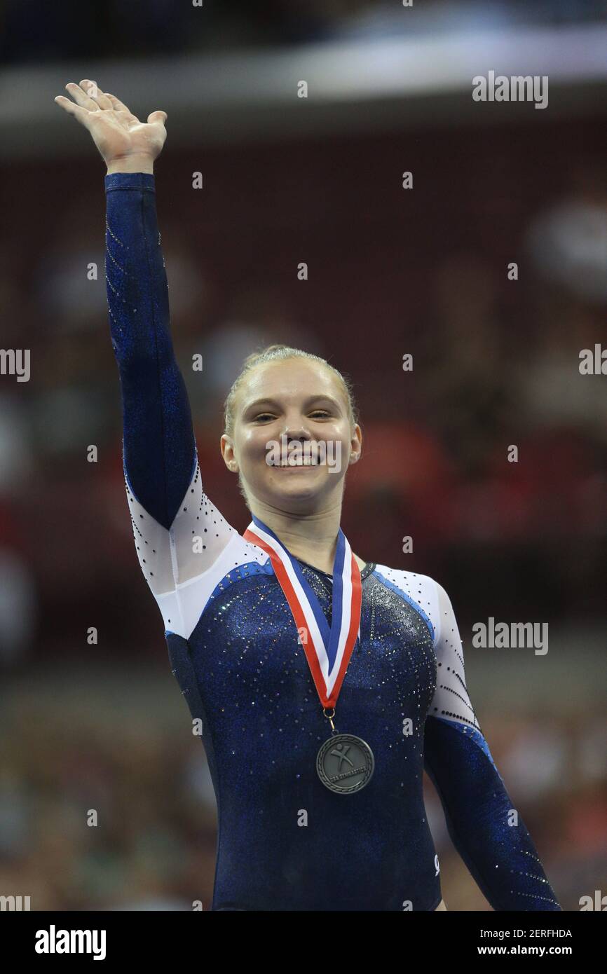 July 28, 2018: Gymnast Jade Carey waves after winning the 2018 GK U.S ...