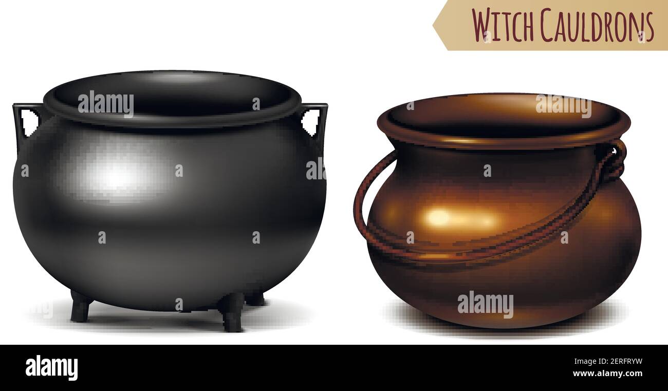 Two decorative witch cauldrons metal pots black and bronze with arc ...
