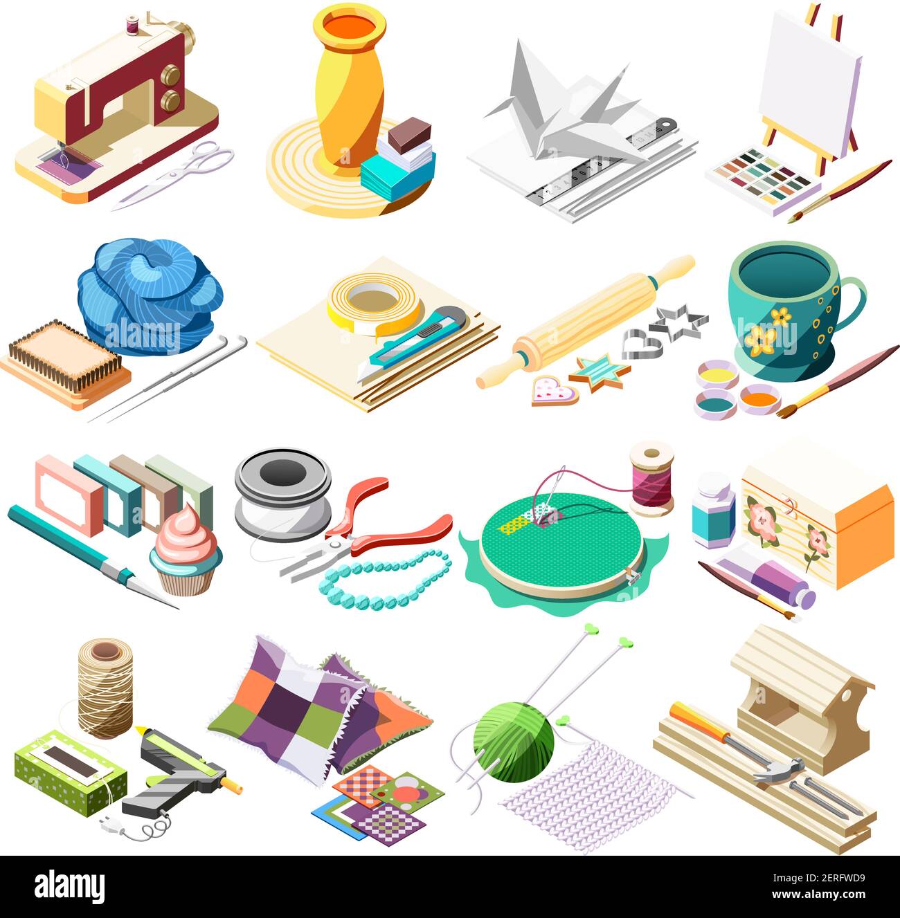 Hobby crafts isometric icons set with tools for sewing pottery painting ...