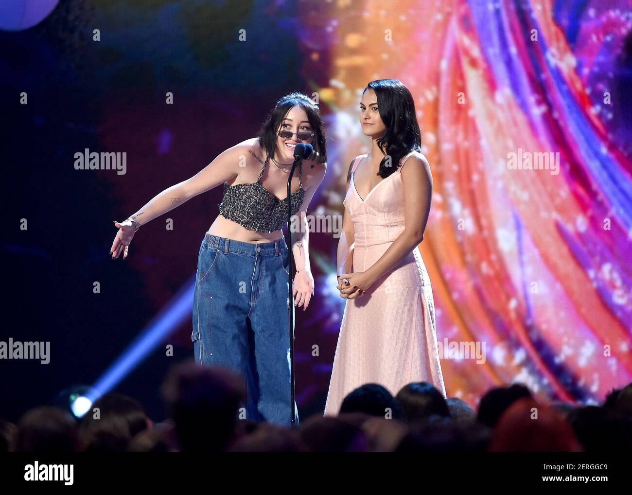 LOS ANGELES - AUGUST 12: Noah Cyrus (L) and Camila Mendes speak onstage ...