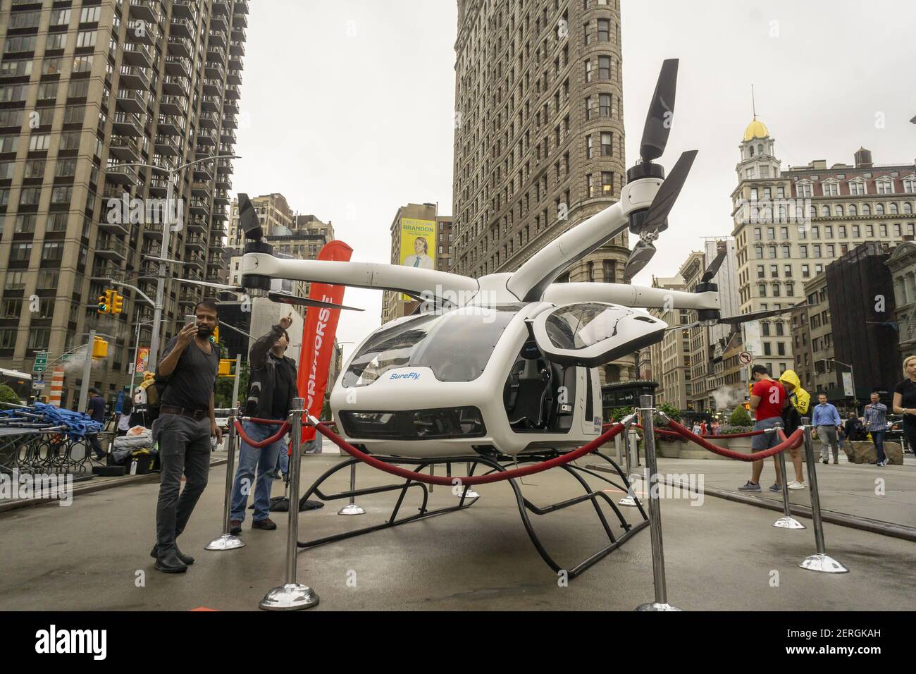 A Workhorse SureFly electric helicopter on display at a branding event ...