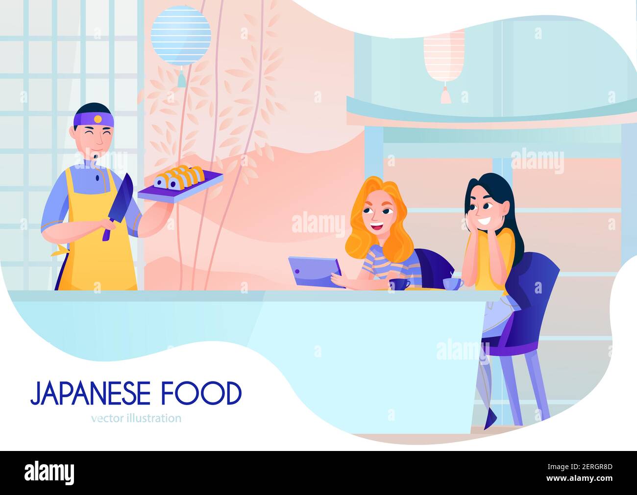 Smiling cook serving sushi in japanese restaurant cartoon vector ...