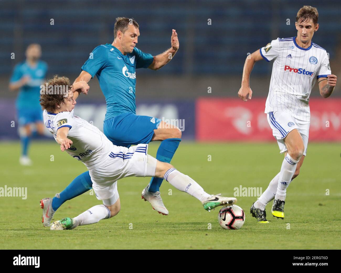 Zenit football player Artyom Dzuba (center) during the match. 16.08. ...