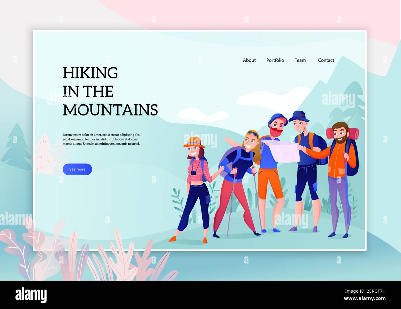 Group of travelers during hiking in mountains concept of web banner on ...