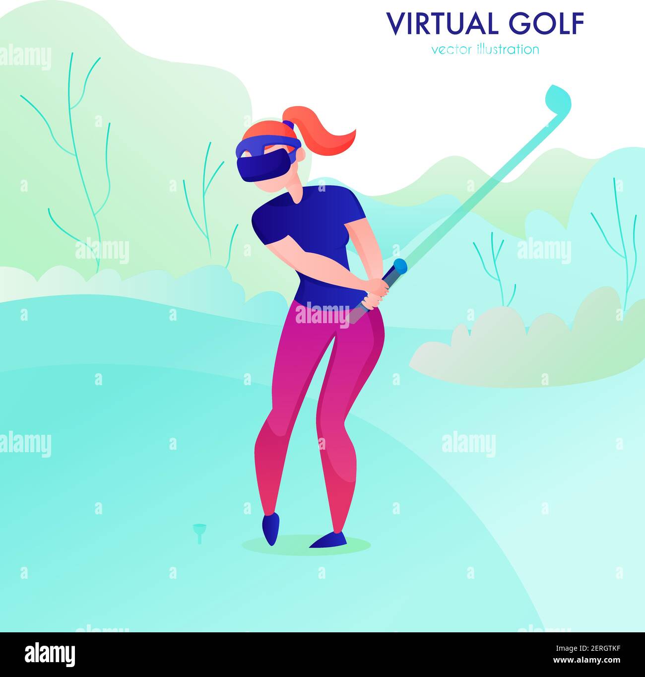 Woman playing virtual gold in augmented reality glasses cartoon vector ...