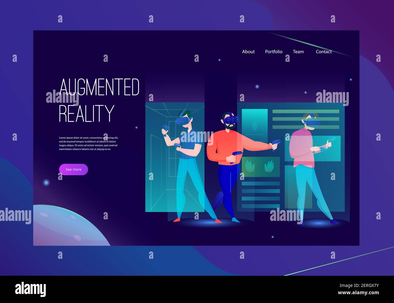 Cartoon banner with people wearing augmented reality glasses on dark ...