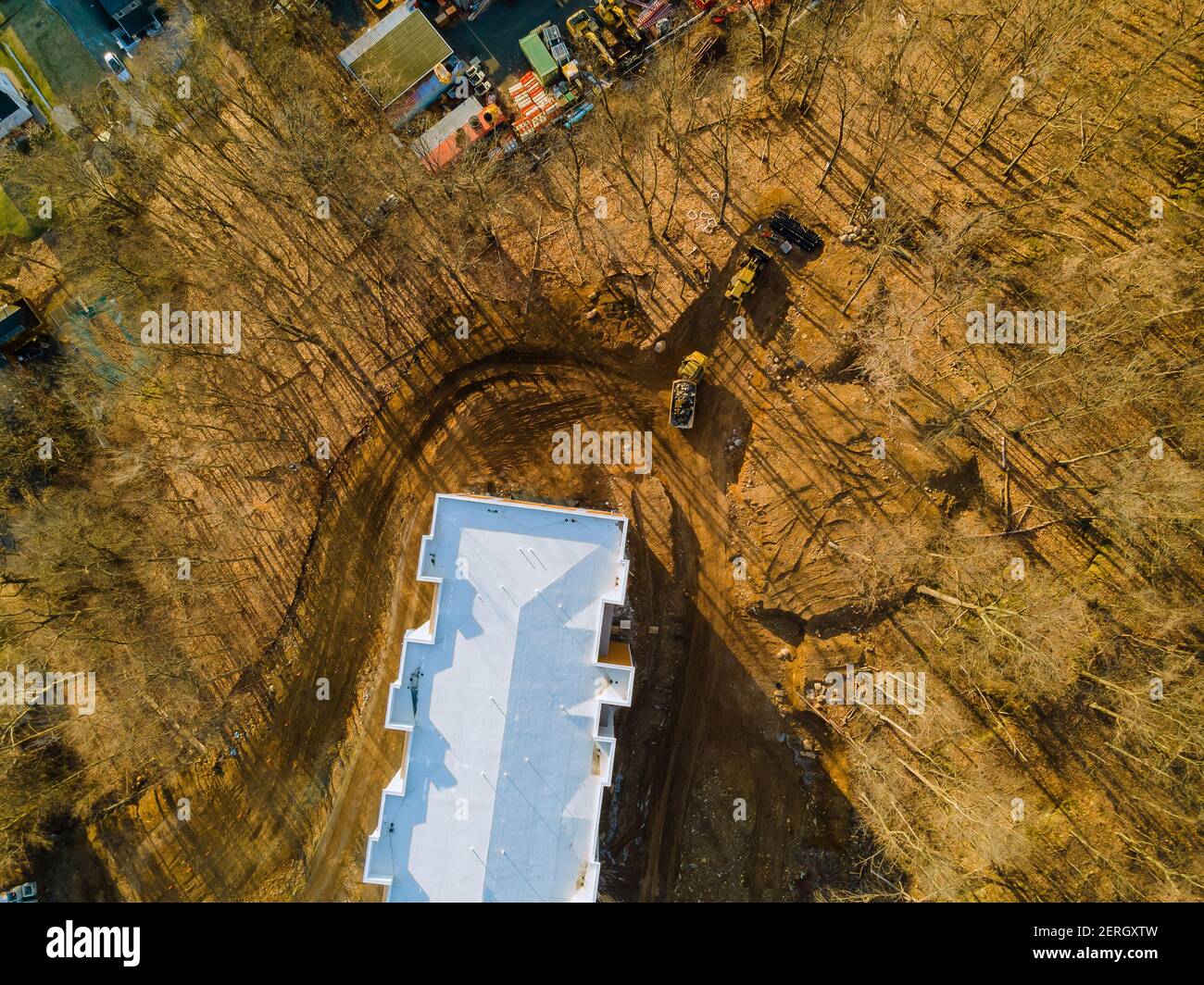 Aerial view machinery and heavy-duty equipments of excavator, bulldozer ...