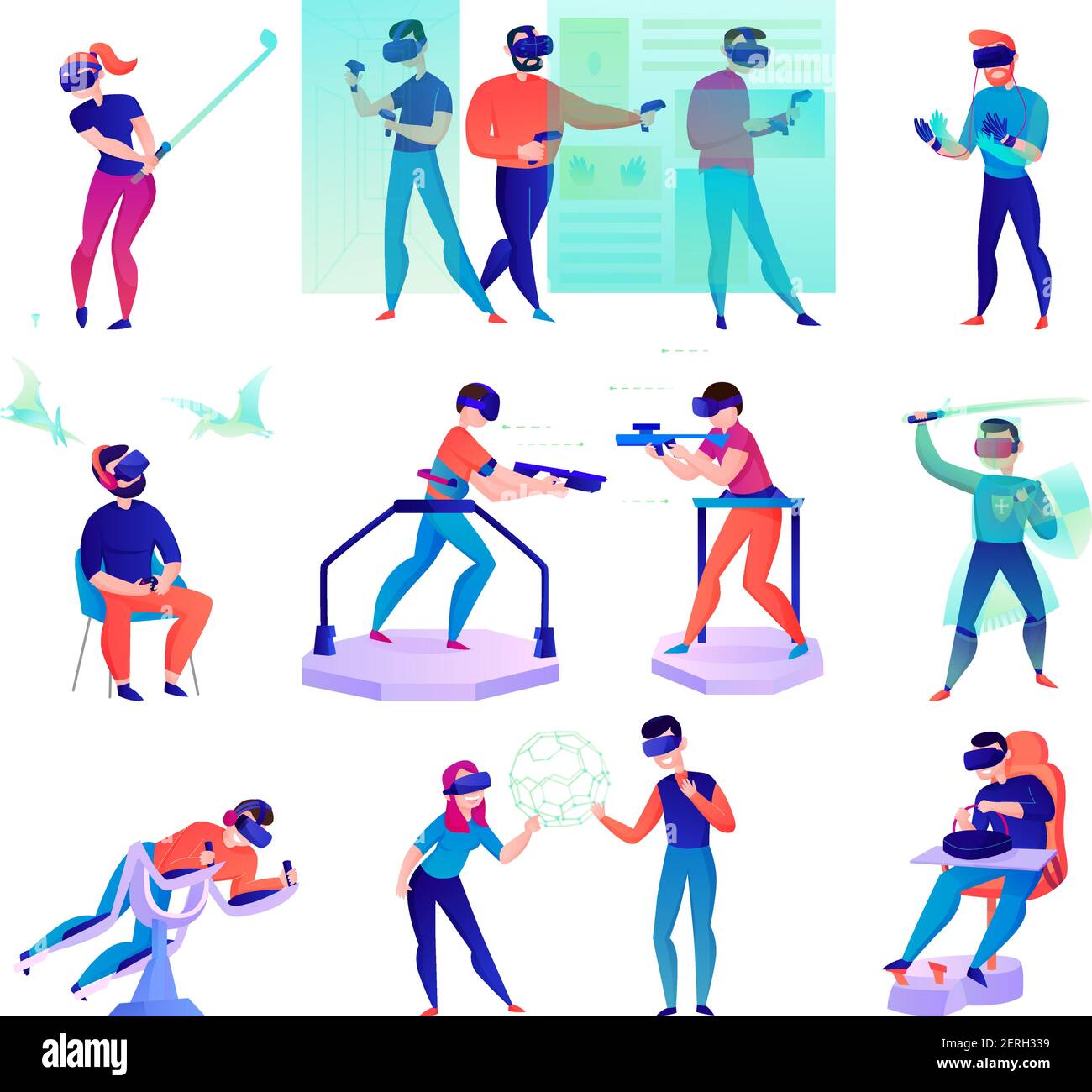 Virtual reality cartoon set with people using various modern devices ...