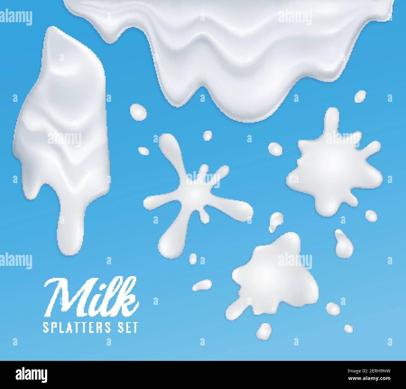 Abstract blue background with different shapes of white milk splatters ...