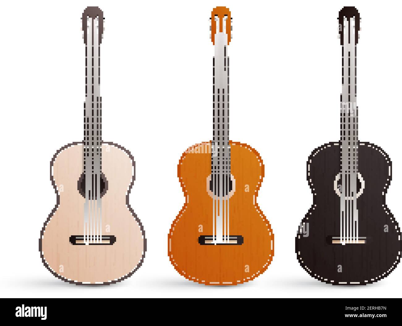 Realistic set of three classic wooden acoustic guitars with nylon ...