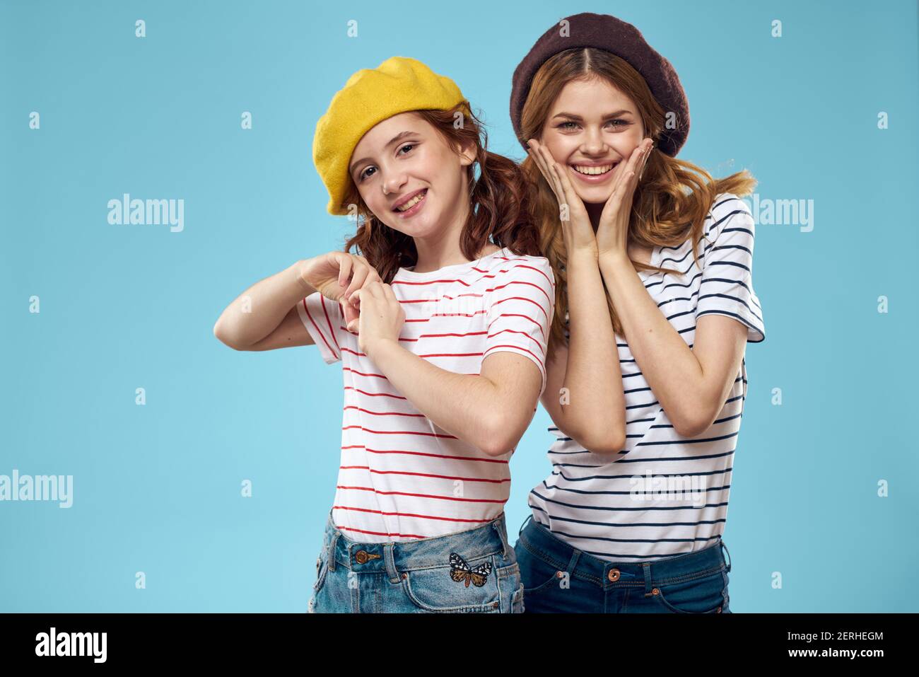 funny mom and daughter fashion studio lifestyle fun blue background ...