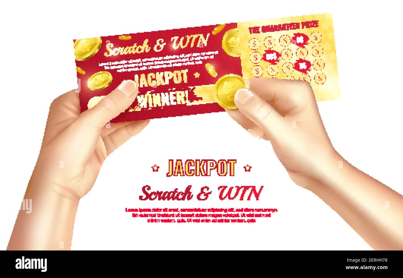 Jackpot advertising poster with scratch lottery card in human hands ...