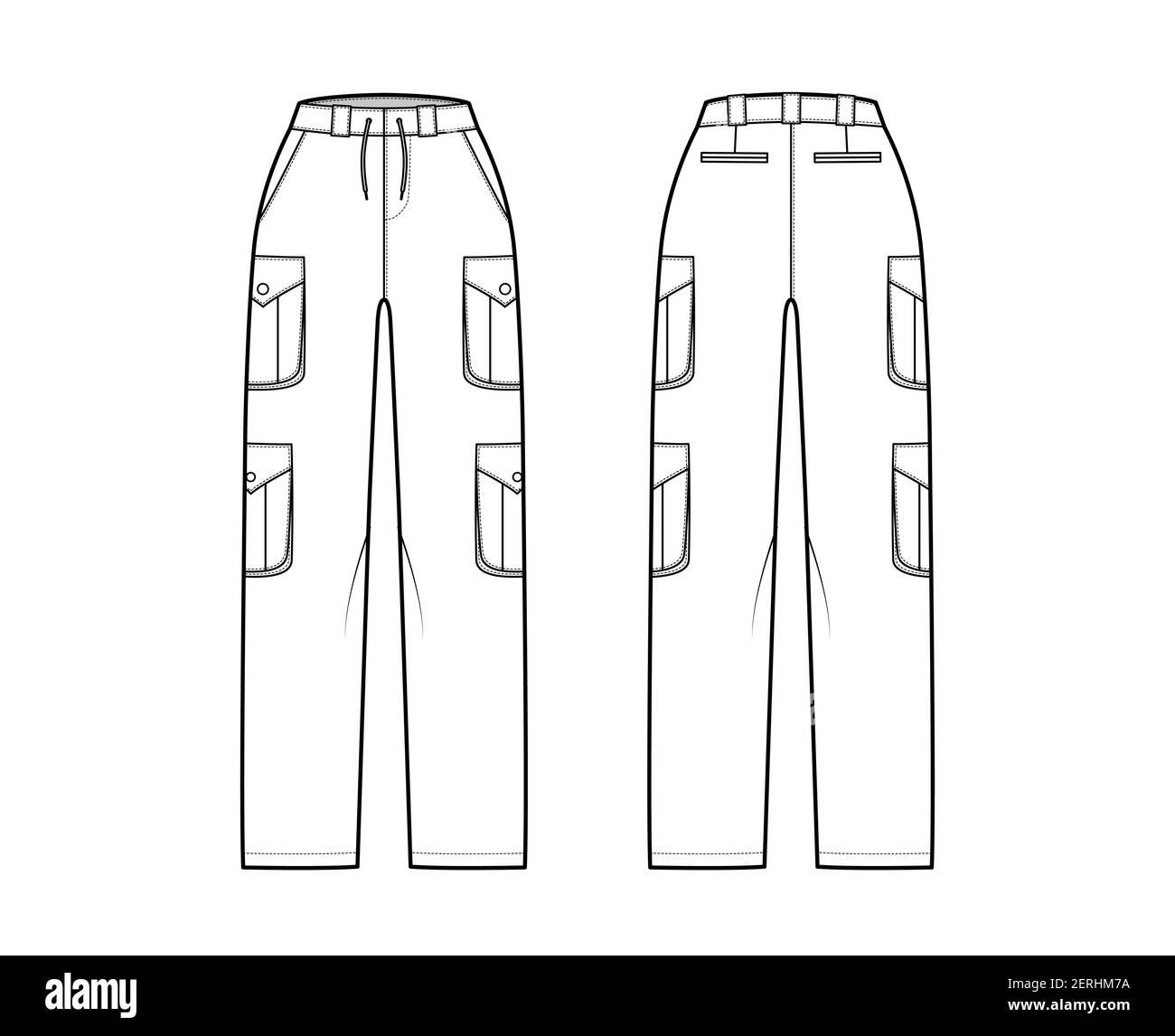 Set Of Cargo Pants Technical Fashion Illustration With Normal Waist