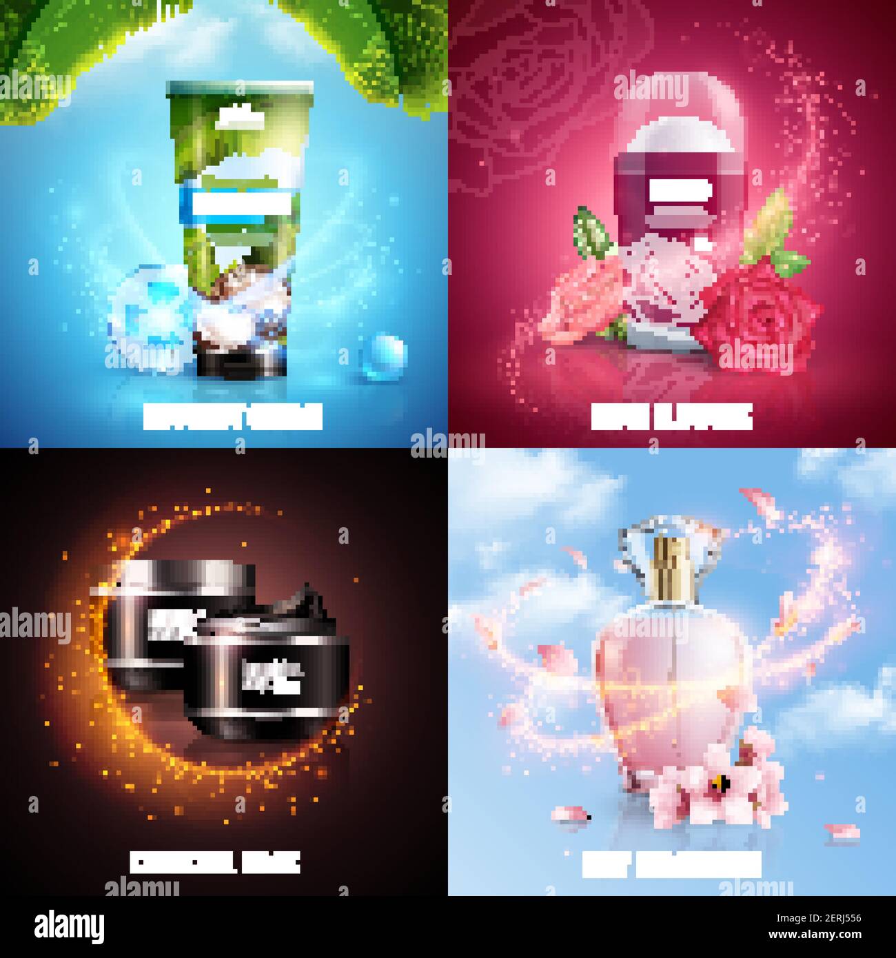 Cosmetics 2x2 design concept with coconut cream rose flowers charcoal ...