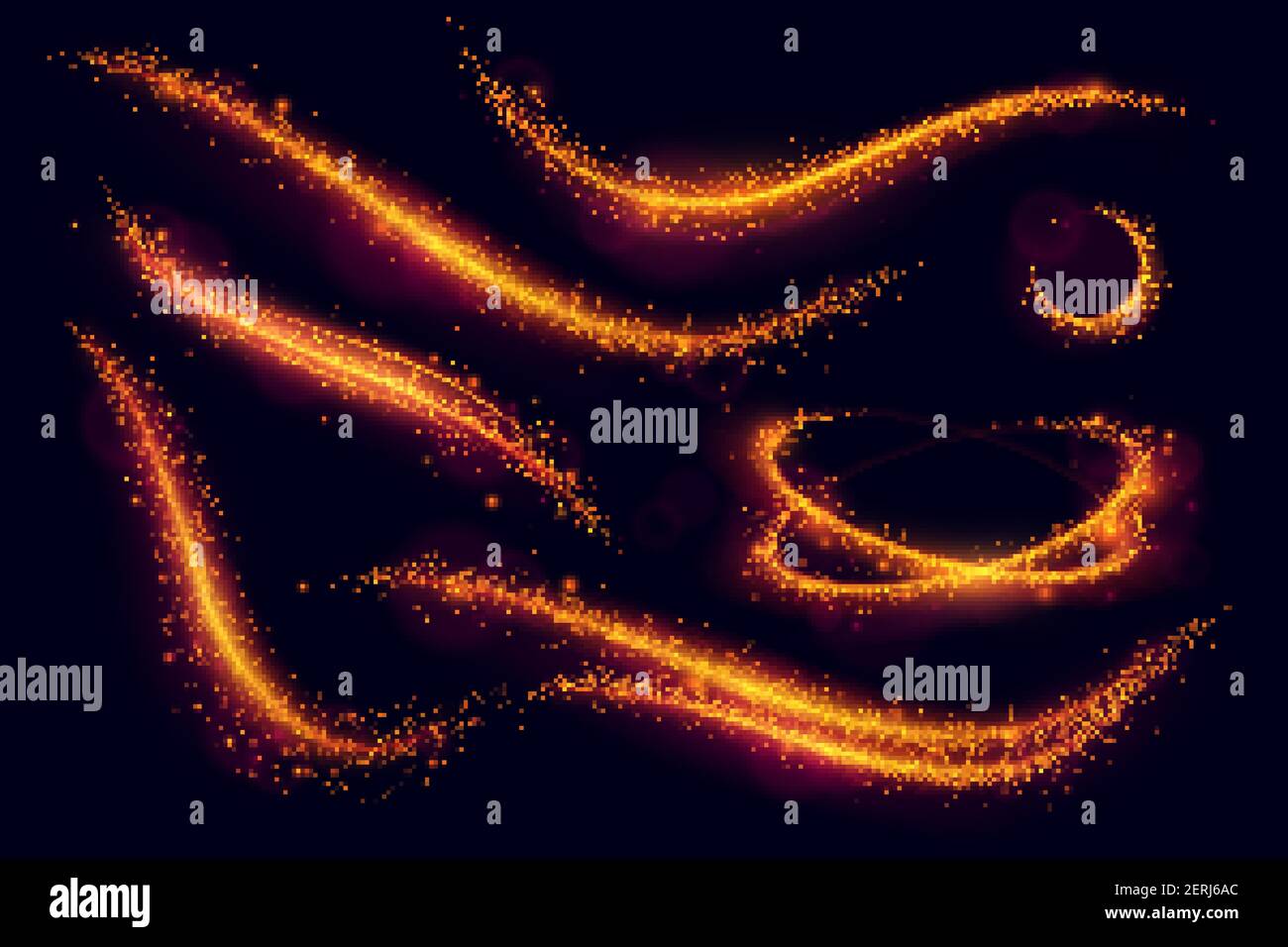 Abstract black background with various bright golden magic flying ...