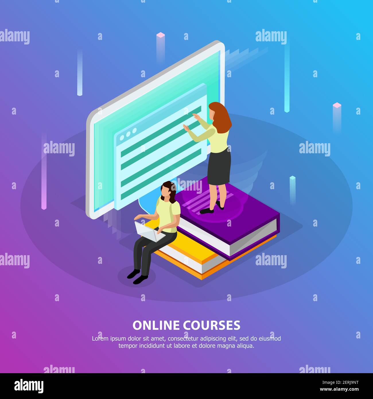 Online courses isometric background with two woman studying distantly ...