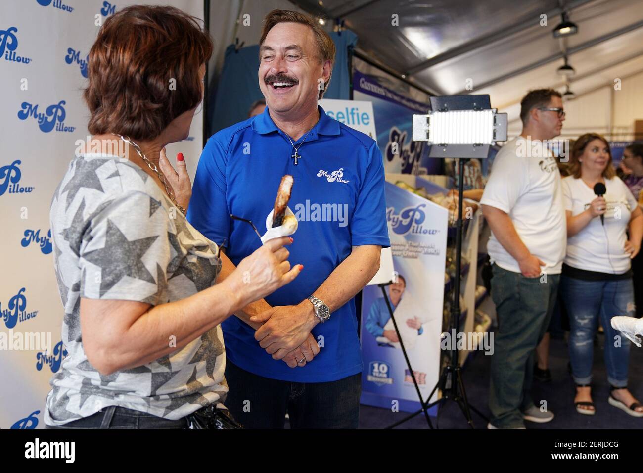 My Pillow founder Mike Lindell spent the morning talking with fairgoers ...