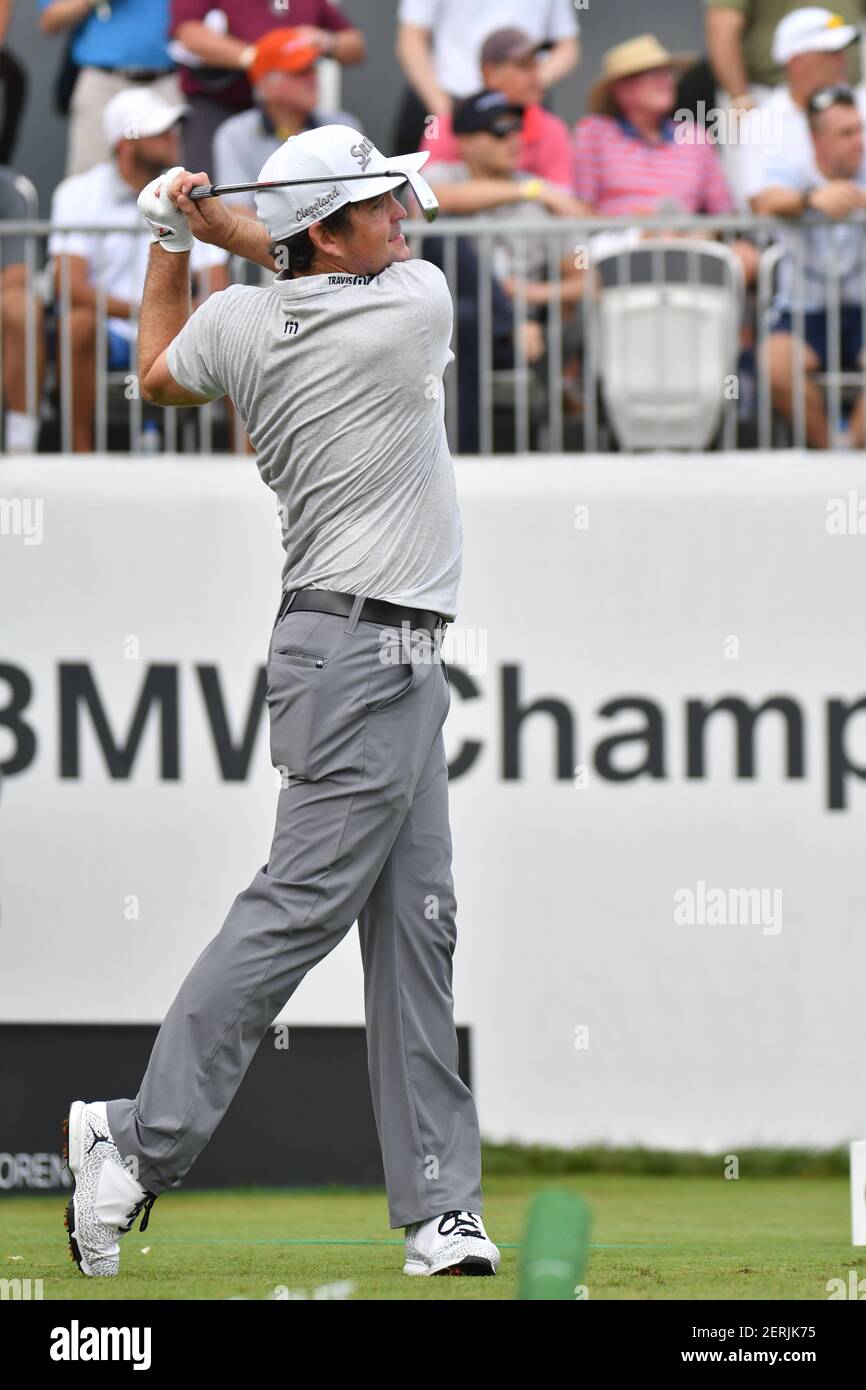 Friday September 7, 2018: Keegan Bradley hits his tee shot on the 17th ...