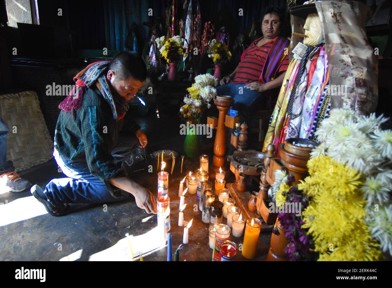 Shaman is seen during a ritual to venerate the holy-God Maya Maximon ...