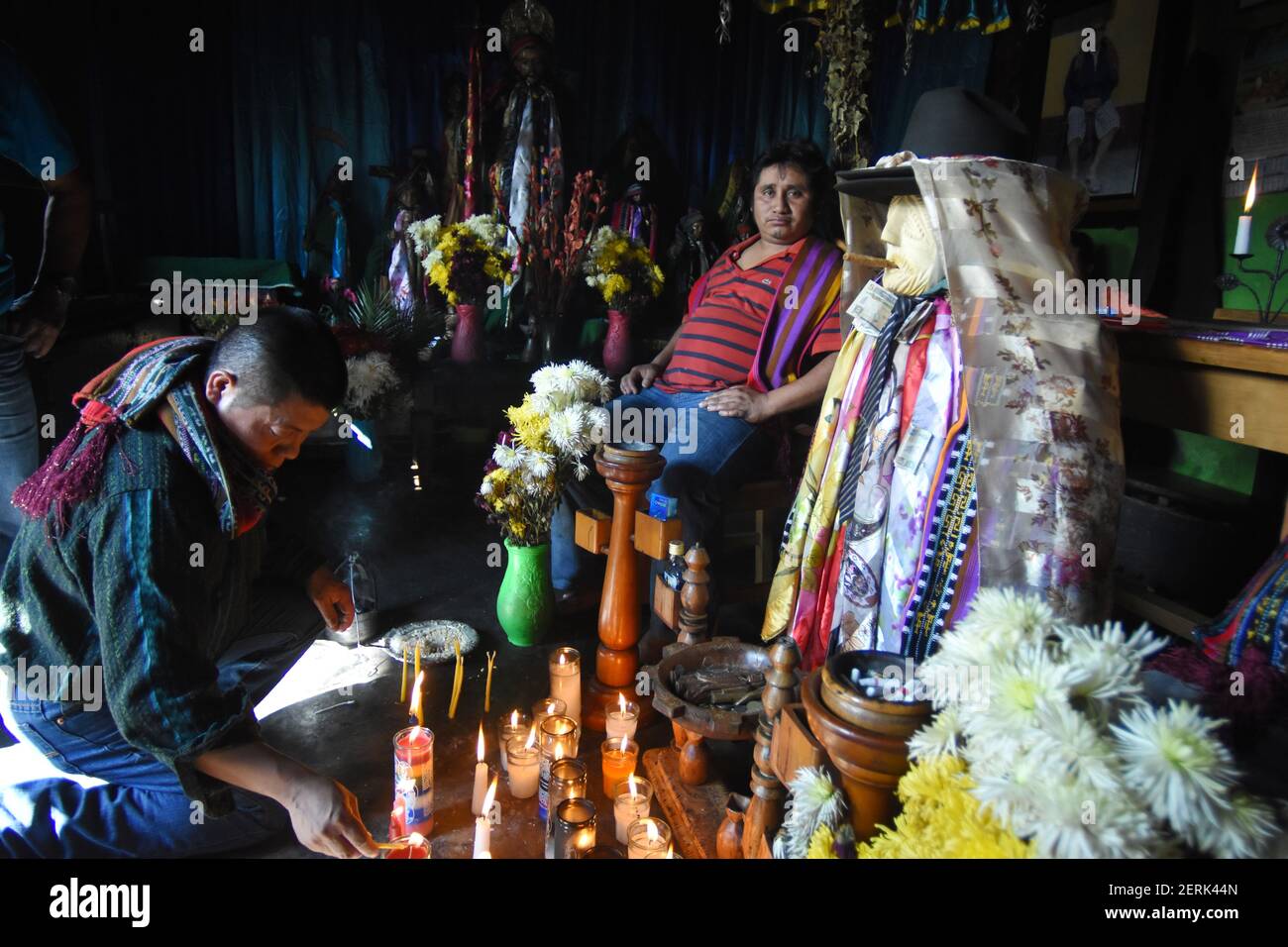 Shaman is seen during a ritual to venerate the holy-God Maya Maximon ...