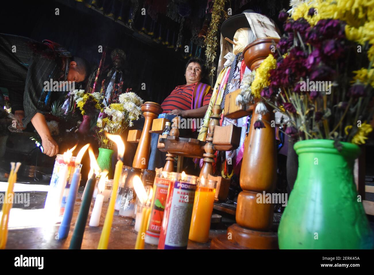 Shaman is seen during a ritual to venerate the holy-God Maya Maximon ...