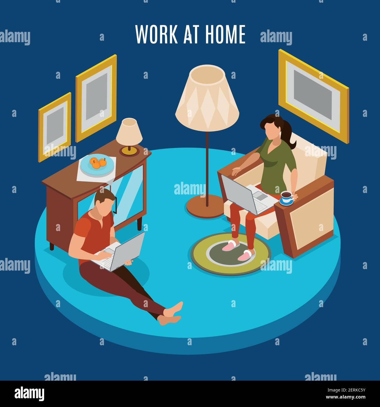 Freelancer day round isometric background composition with couple ...