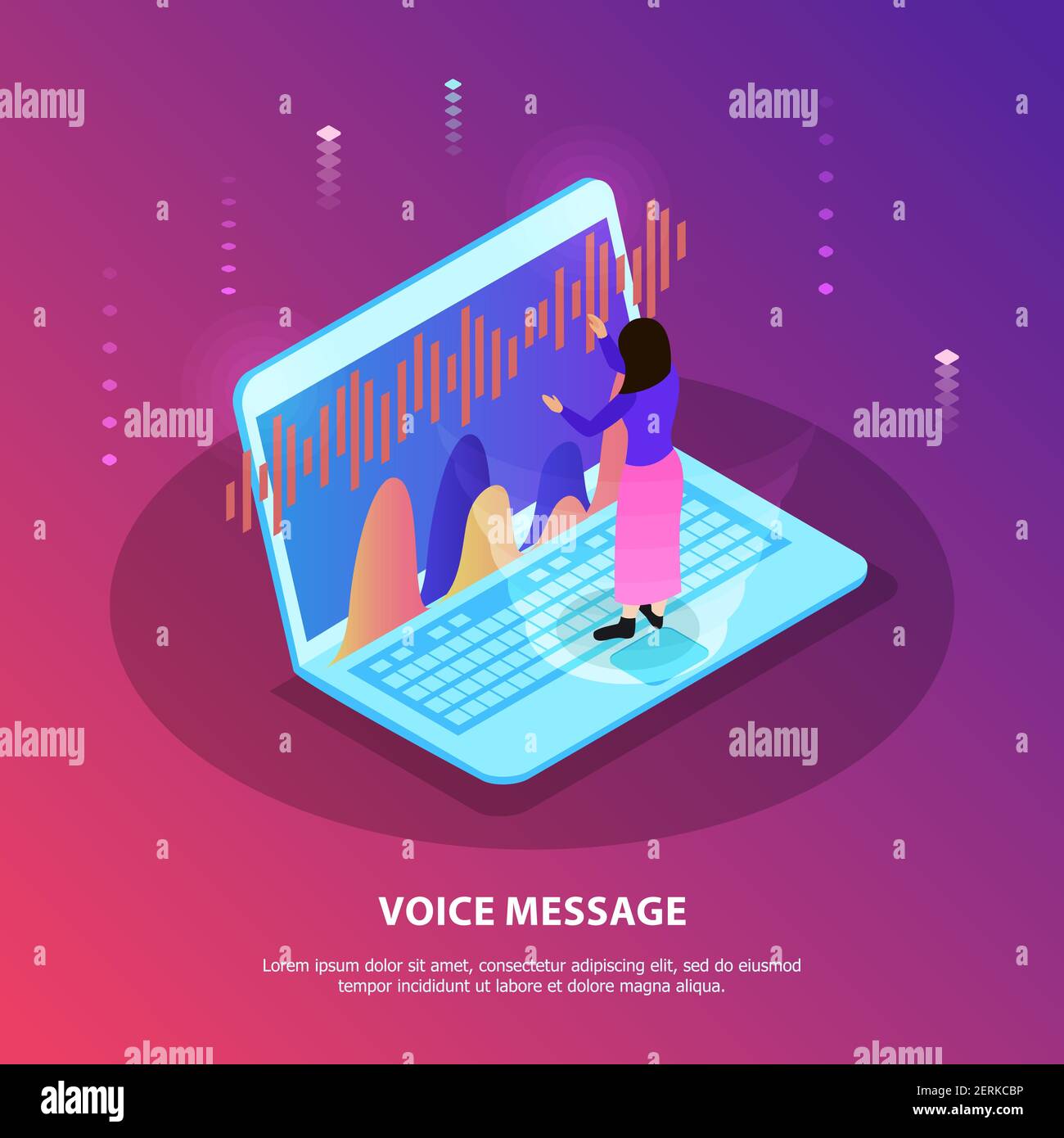 Voice message flat composition with woman standing on keyboard of ...