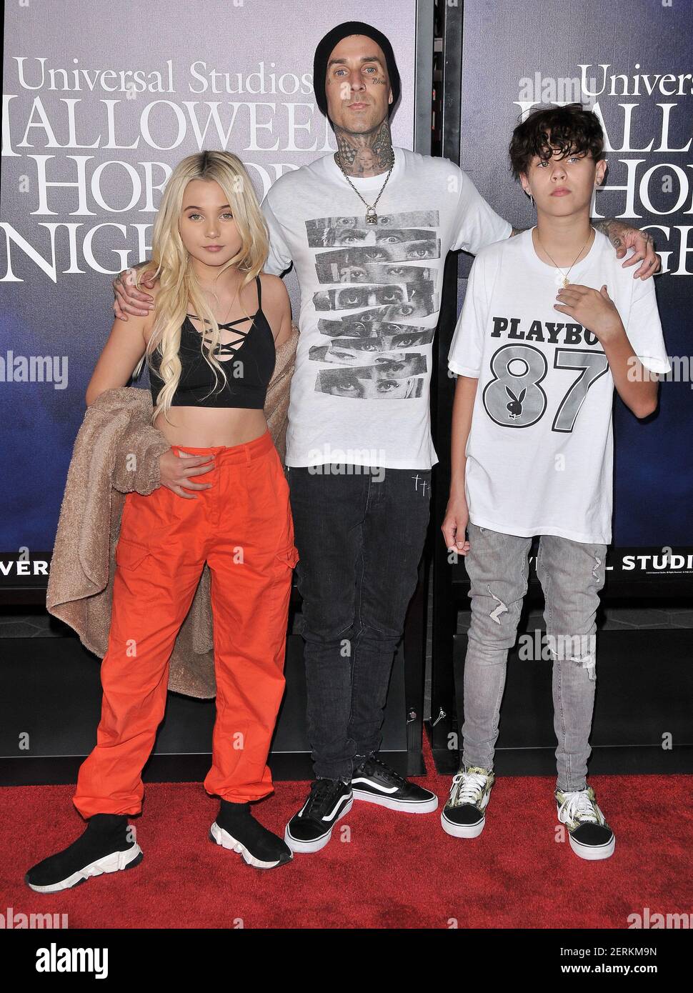 (L-R) Alabama Barker, Travis Barker and Landon Barker arrives at the ...