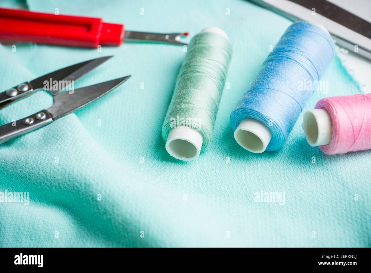 Sewing background with tailor equipment Stock Photo - Alamy