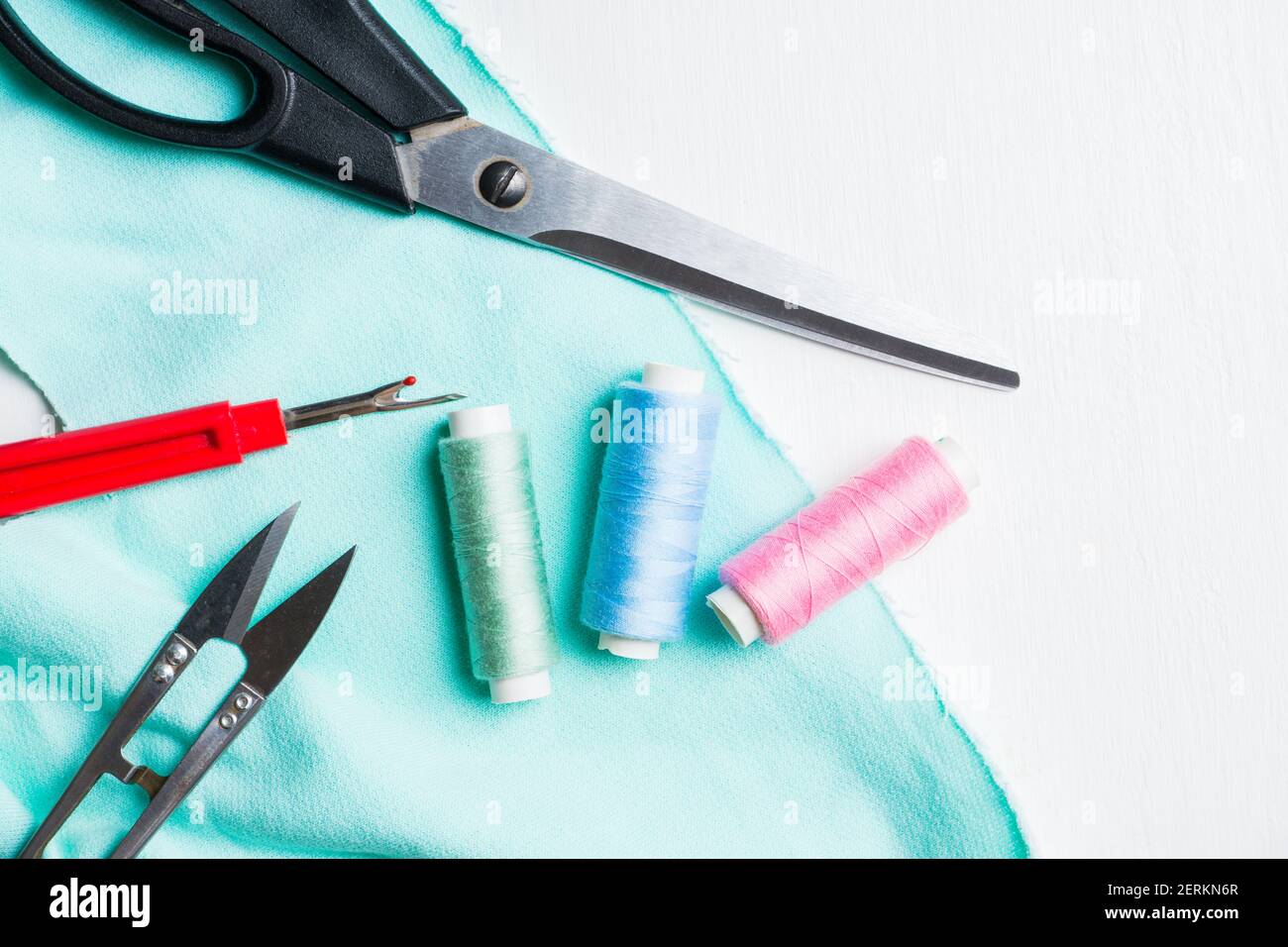 Sewing background with tailor equipment Stock Photo - Alamy