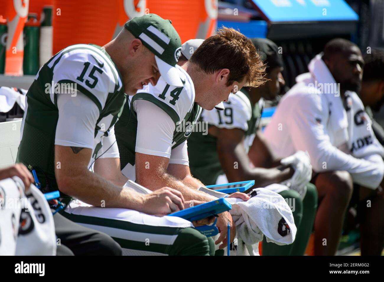 September 16, 2018: New York Jets quarterback Josh McCown (15) and New York Jets quarterback Sam ...