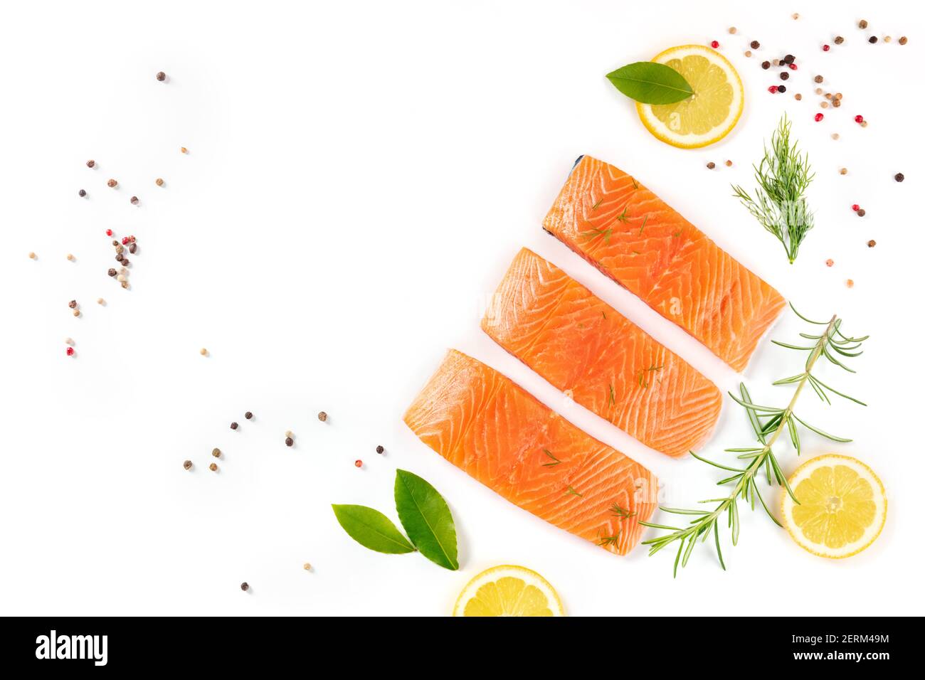 Salmon banner, a design template with slices of raw fish, herbs, and ...