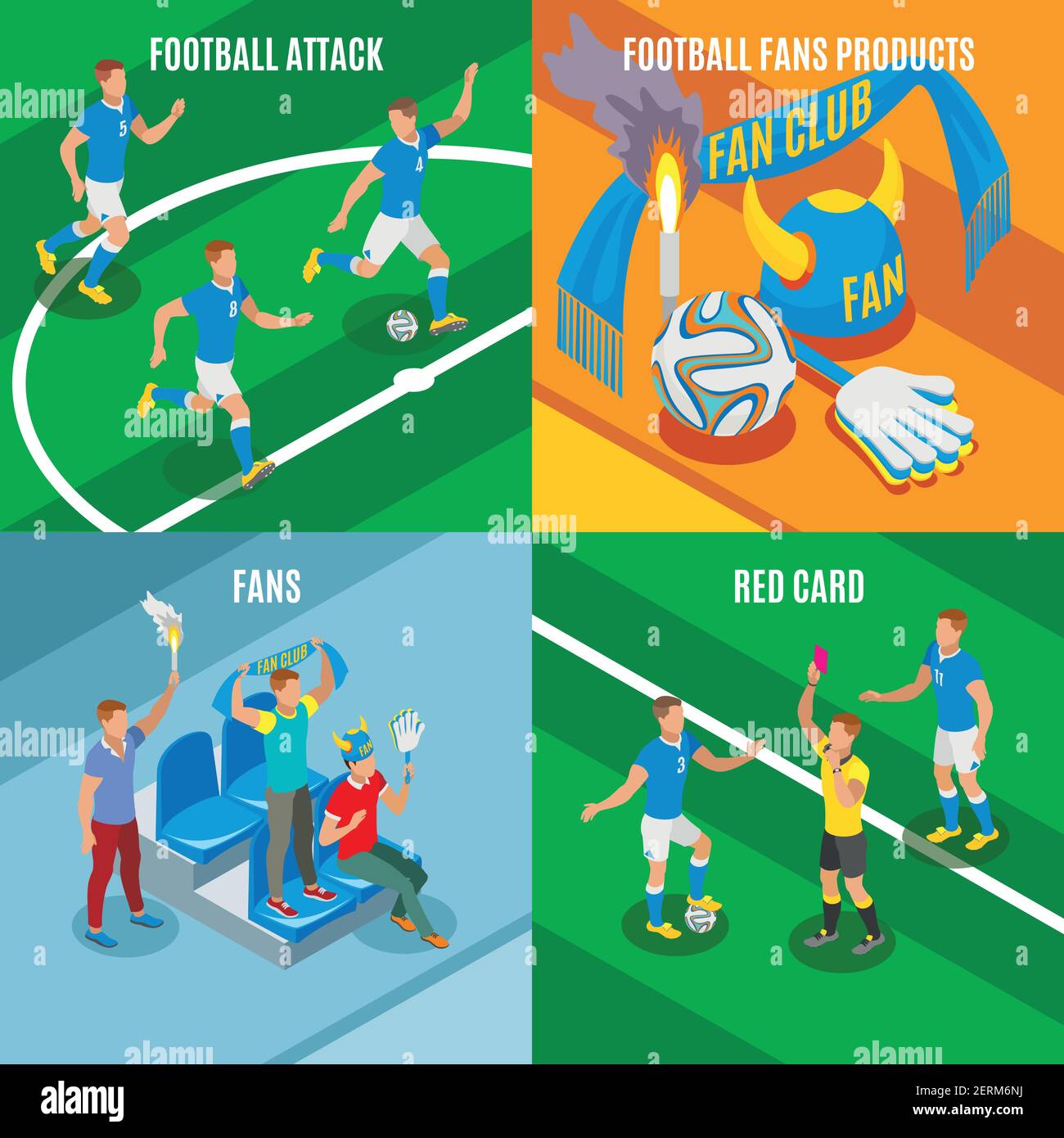 Football 2x2 design concept set of football attack red card fans ...