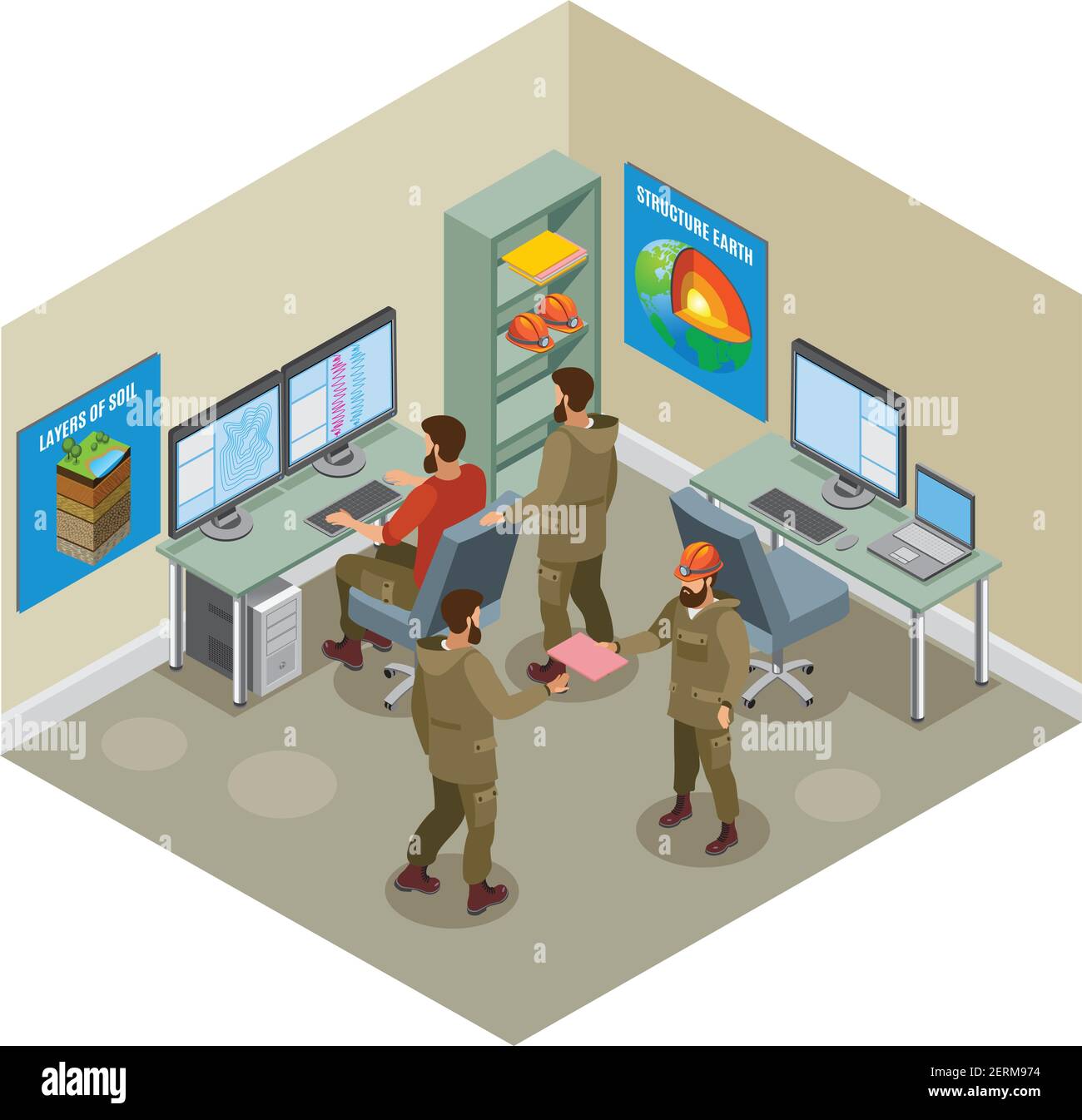 Earth research, geological laboratory with scientists, computers ...
