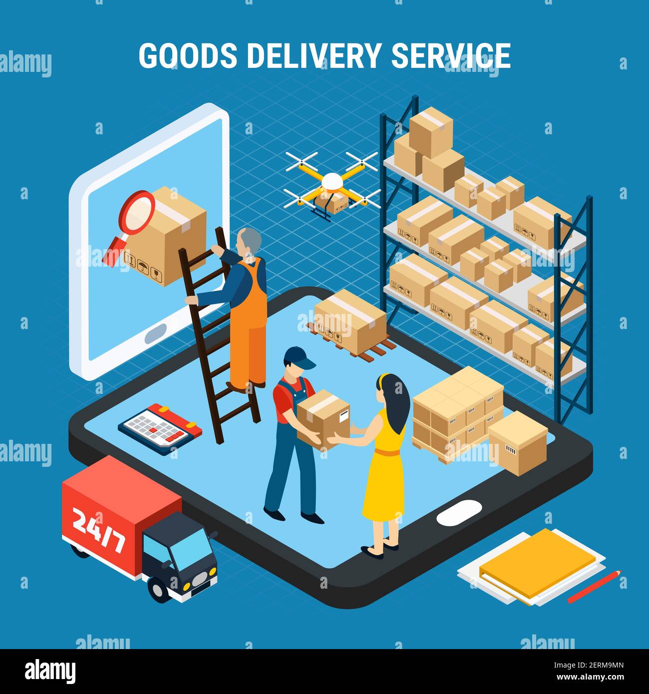 Logistics isometric concept with online goods delivery service workers ...