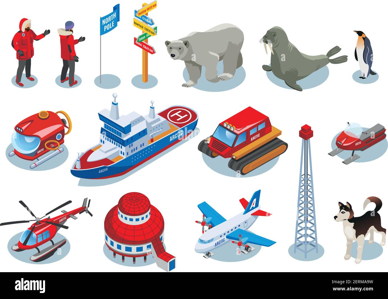 Arctic research isometric icons, scientists, polar station, northern ...