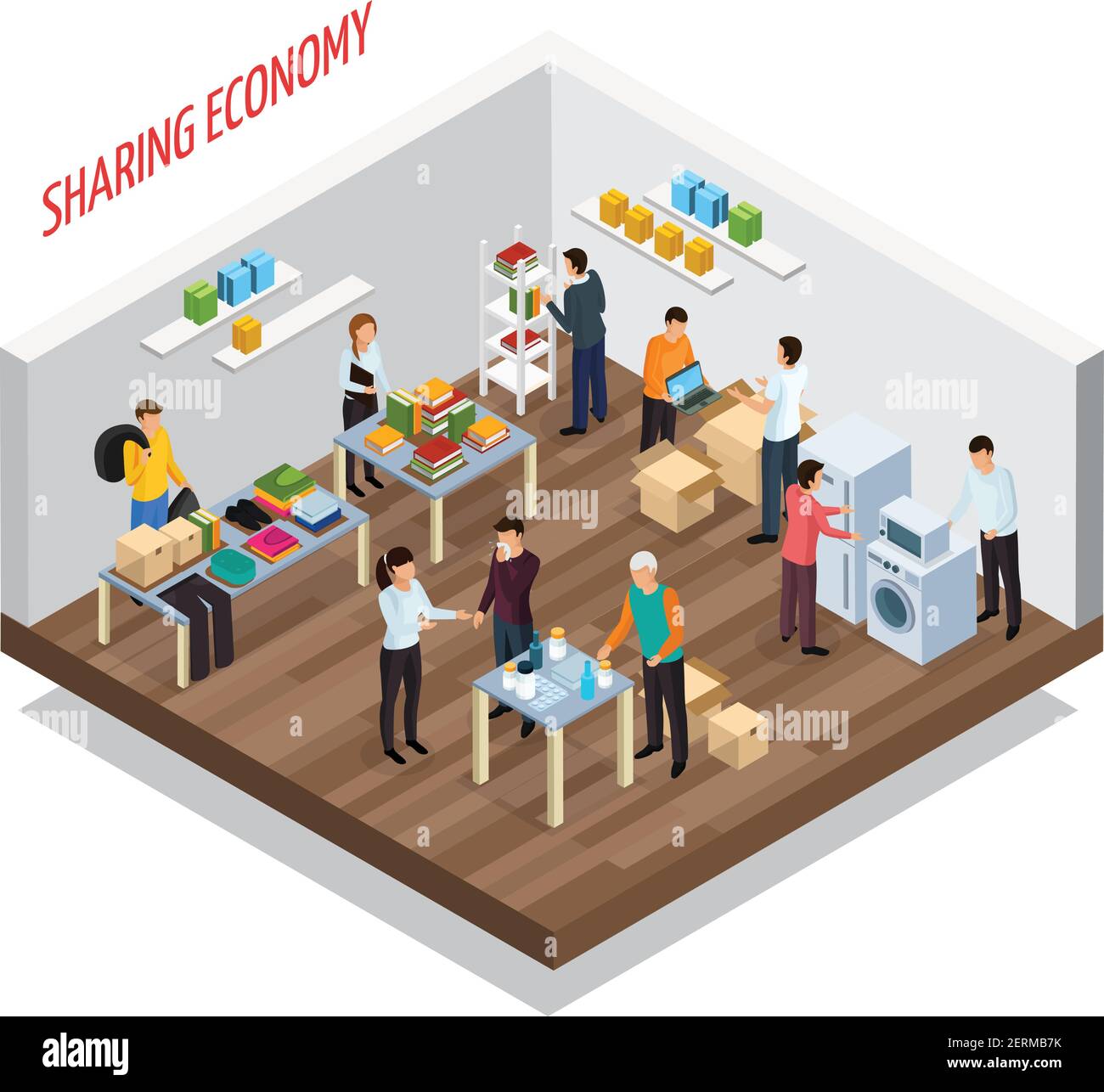 Sharing economy isometric composition with view of room with goods and ...