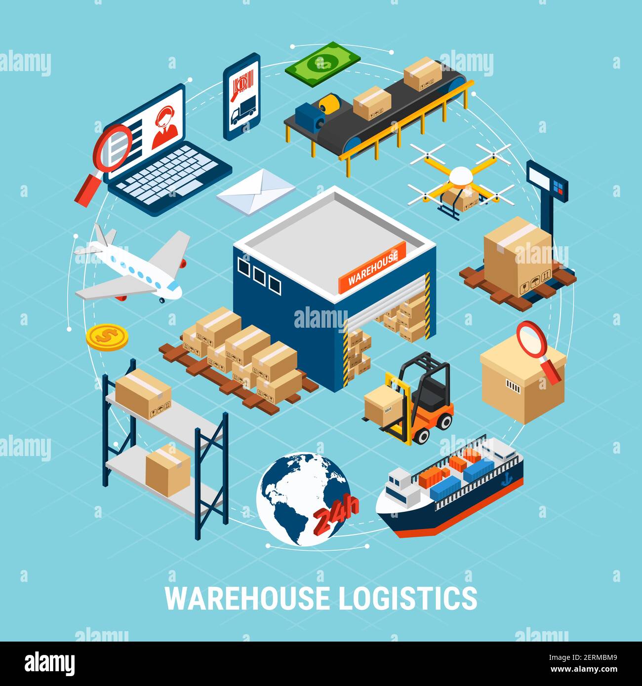 Warehouse logistics isometric concept with delivery freight transport ...