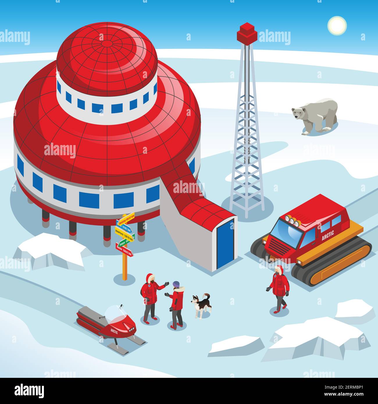 Arctic polar station, scientists with dog, track vehicle, drilling ice ...