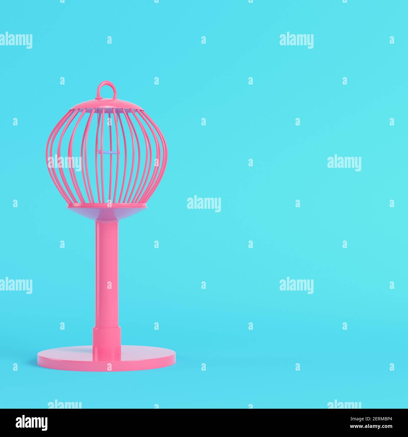 Pink bird cage on bright blue background in pastel colors. Minimalism ...