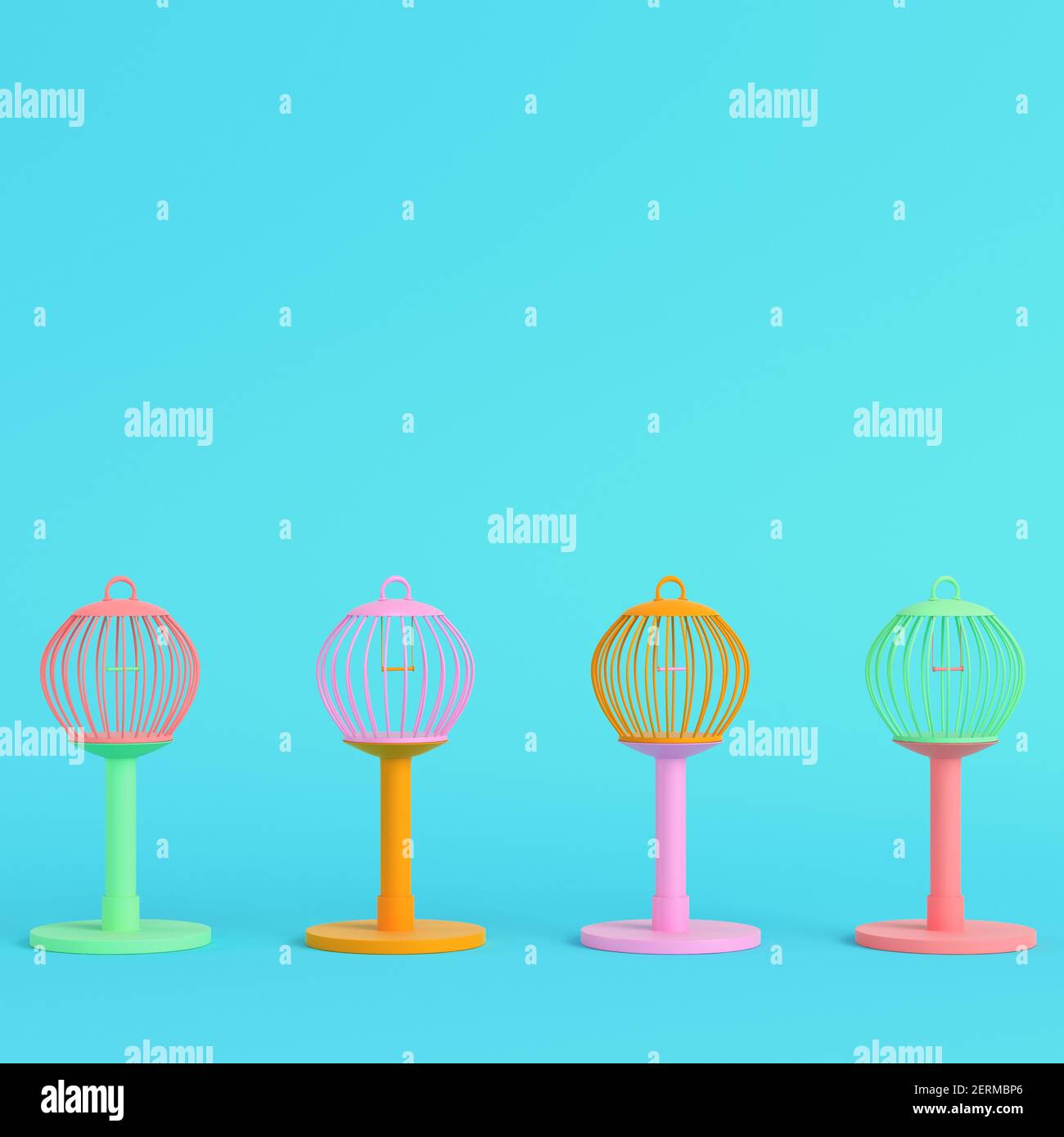 Colorful bird cages on bright blue background in pastel colors ...
