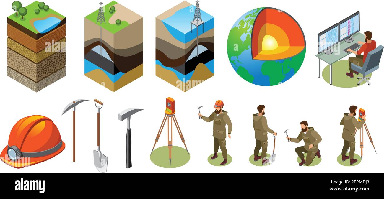 Earth exploration isometric icons, structure of globe, soil layers ...