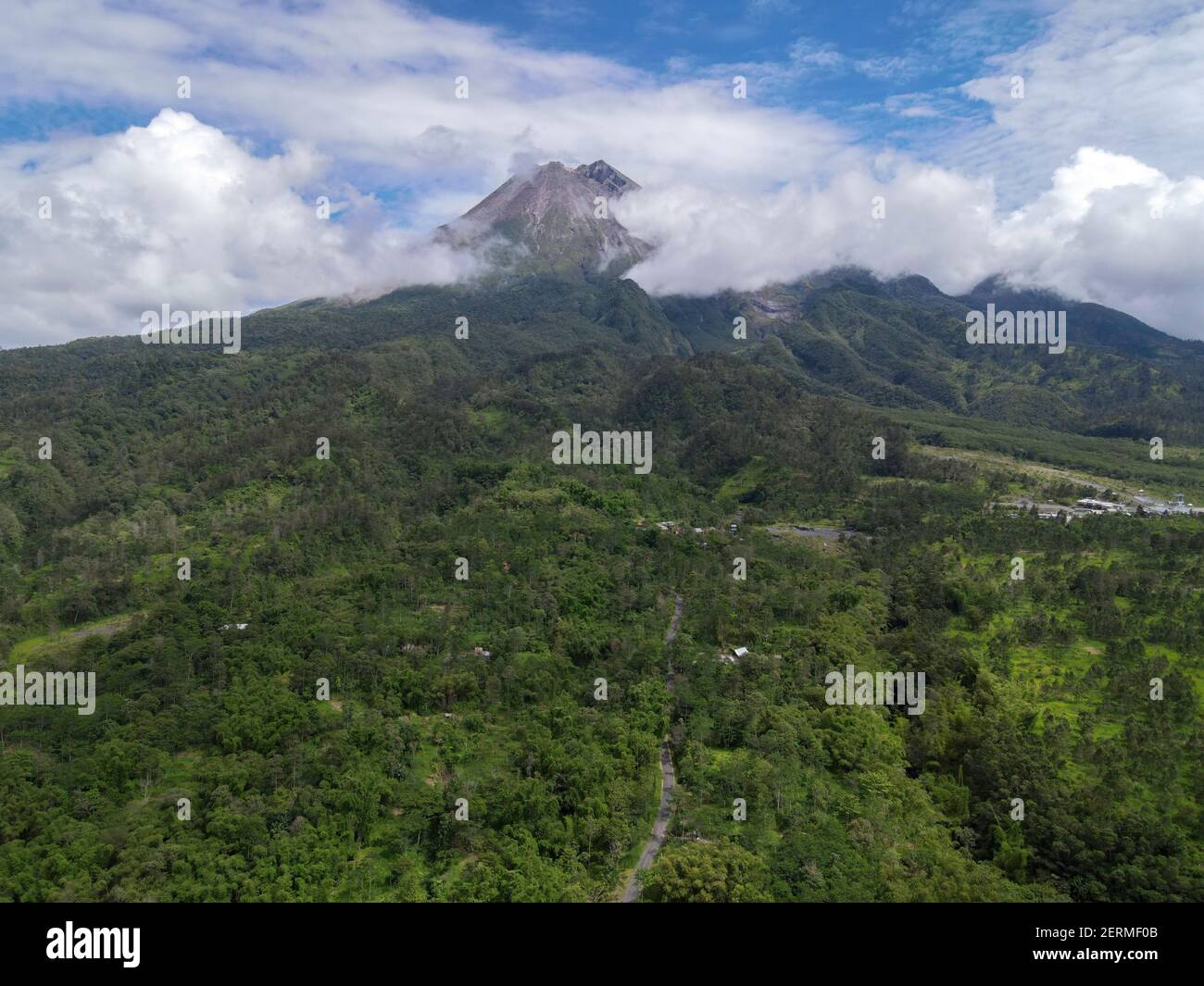 Aerial view of Mount Merapi Landscape with rice field and village in ...